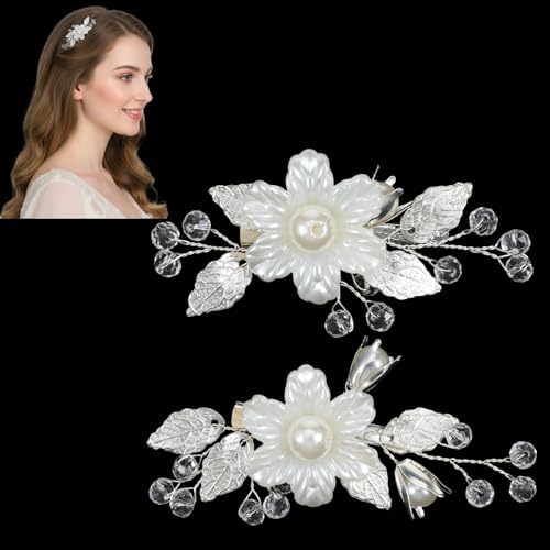 PEOVLVN 2 PCS Pearls Flower Hair Clips, Bridal Hair Clips Rhinestone ...