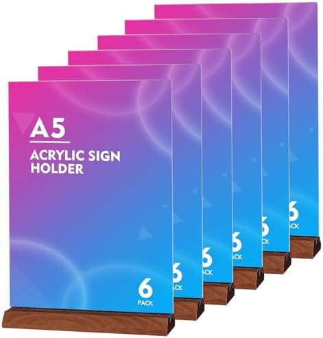 SOYIRI Set of 6 x A5 Table Display Stand T-Shaped Transparent Acrylic ...