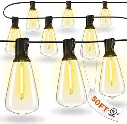 50FT Outdoor String Lights with LED Edison Bulbs Dimmable, Waterproof ...