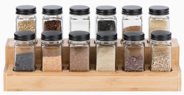 Karohat 12-Piece Glass Spice Jar Set with Black Lids & Rotating Stand ...