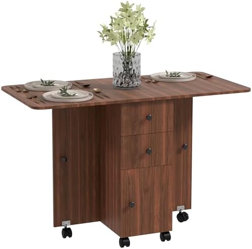 HOMCOM Foldable Dining Table, Rolling Kitchen Table with Storage ...