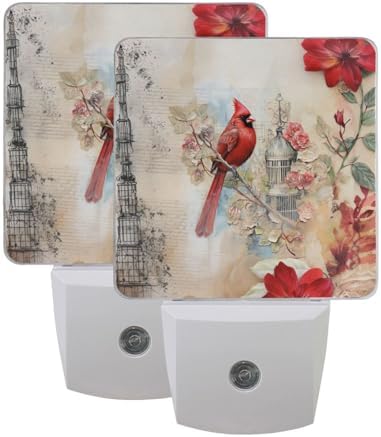 BOENLE Red Cardinal Bird Flower Night Lights 2 Pack Plug-in Wall Led ...