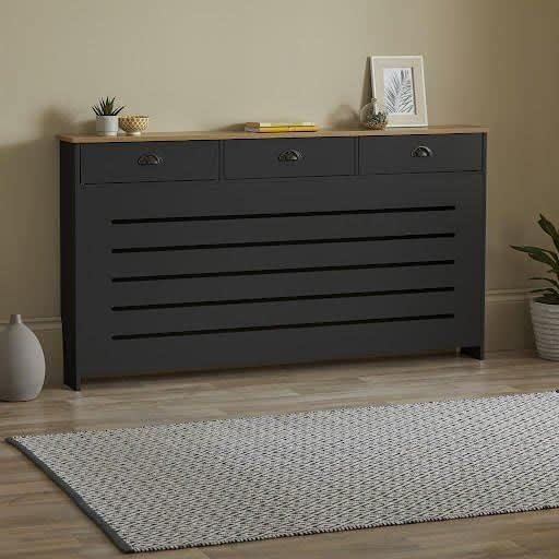 Radiator Cover Black Painted MDF Cabinet Horizontal Slat Storage Drawer ...