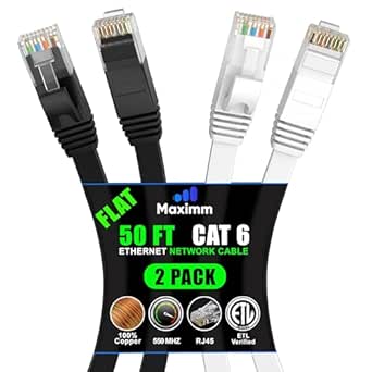 Maximm Cat 6 Ethernet Cable 50 Ft, Flat Ethernet Cable, Cat6 Cable (2 ...