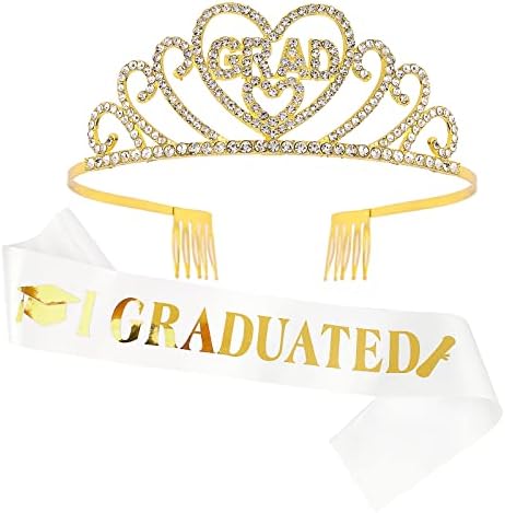 Amazon.com : CAVETEE Gold Graduate Crown and Sash - Congratulations ...