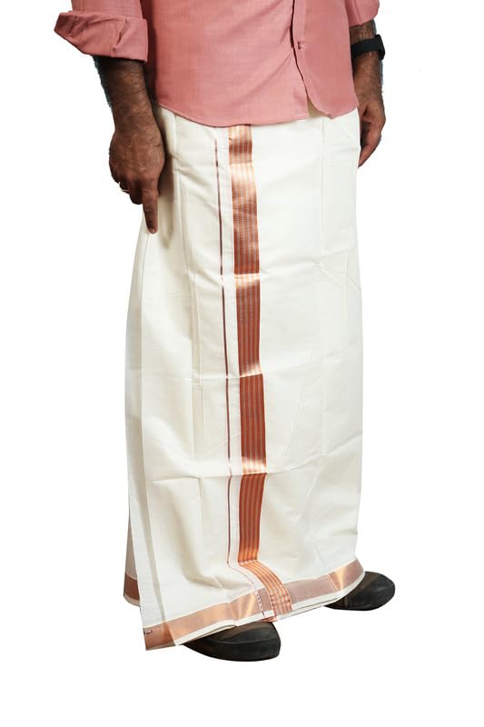 Kavz Men's Cotton Kerala Mundu Double Dhoti, 4 Meters With Copper ...