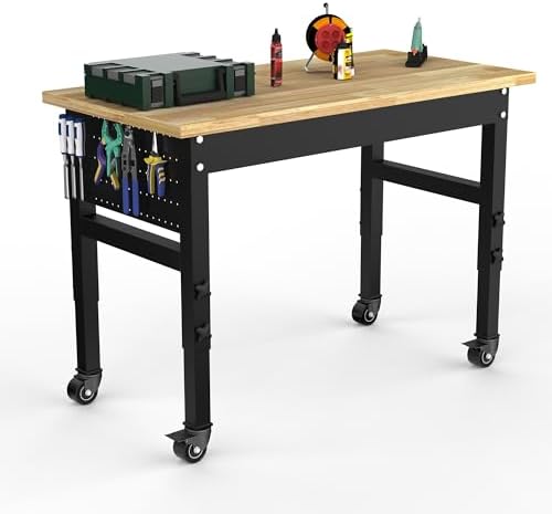 NBGV 48" Solid Wood Work Bench, Adjustable Hight Workbench with Wheels, Heavy-Duty Worktable ...