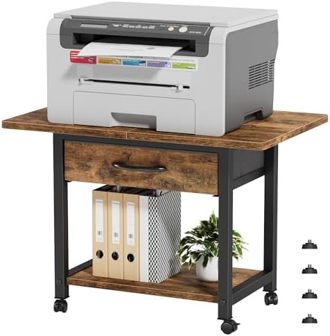 2 Tier Printer Stand with Fabric Drawer Storage, Printer Table on ...