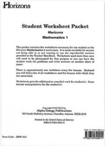 Horizons Mathematics 1 Student Worksheet Packet: Horizons ...