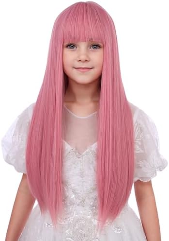 Amazon.com: WAVELNM Kids Purple Pink Wig with Bangs Child Pink Long ...