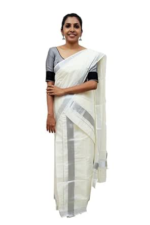 Buy Kavz Women's Kerala Cotton Mundu Single 2 Pieces Silver Border ...