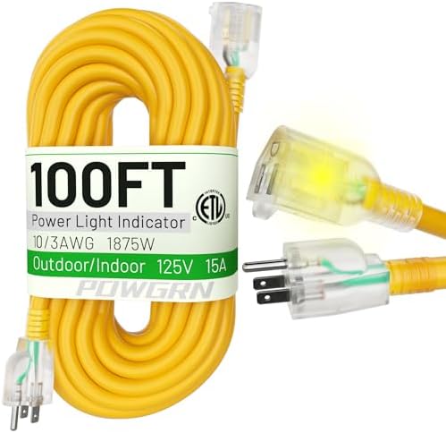 POWGRN 100 Ft 10AWG Outdoor Extension Cord Waterproof Heavy Duty 10 ...
