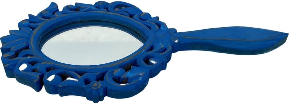 Handcrafted Wooden Hand Held Mirror Blue Floral Design with Handle ...