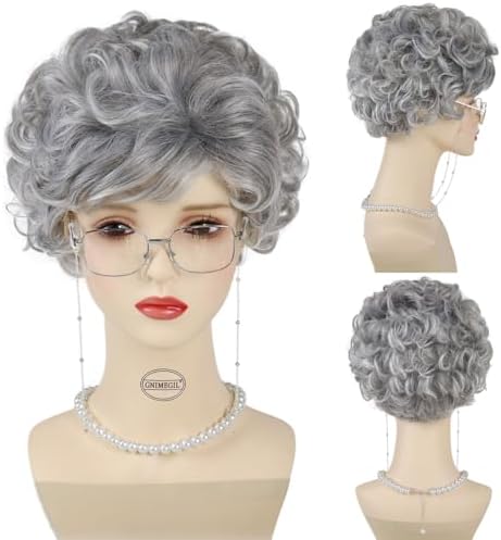 Amazon.com : GNIMEGIL Old Lady Wig Short Dark Grey Curly Grandma Wig ...
