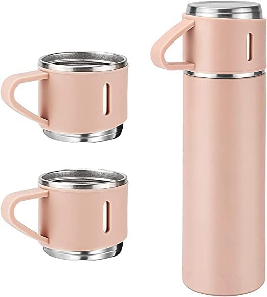 Pink Steel Vacuum Flask Set with Bottle and 3 Cups Insulated Mug ...