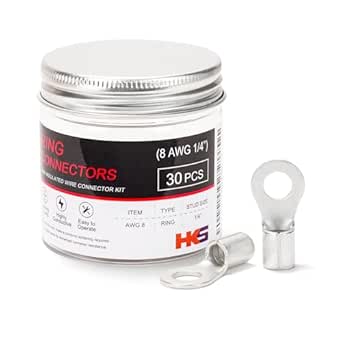 HKS 30PCS Non-Insulated Ring Terminals, 1/4” Stud, AWG 8 (6-10mm² ...