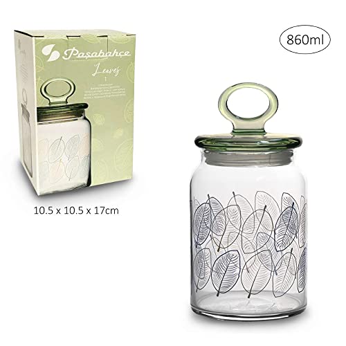 Glass Jar With Leaves Print And Lid – 860ml – BigaMart