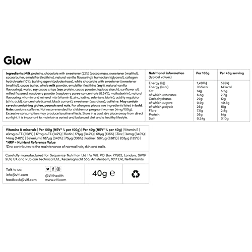 Vitl Glow Bar 15 x 40g - Dark Chocolate & Raspberry Flavour Vitamin ...
