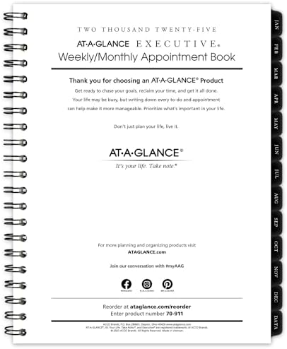 AT-A-GLANCE Executive 2025 Planner Refill, Weekly & Monthly, 8-1/4" x ...