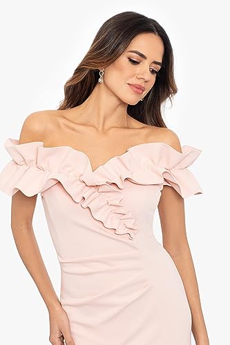 Xscape Womens Long Stretch Scuba Crepe Ruffle Collar Ruched Dress ...