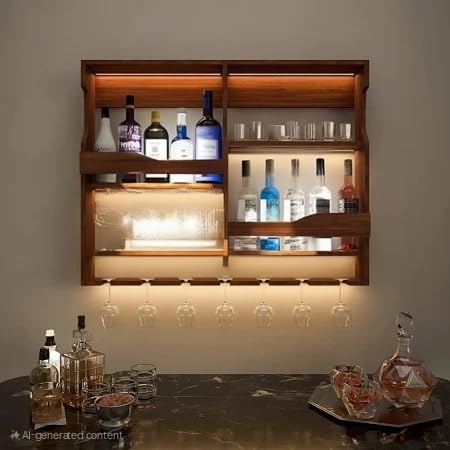 OGESTA Sheesham Wood Bar Cabinet with Shelves and Glass Holders, 122 cm ...