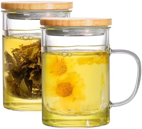 Amazon.com: Tosnail 2 Pack 18 Ounce Large Glass Tea Cup with Bamboo Lid ...