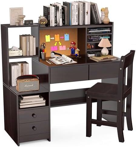 SFDOU Espresso Kids Desk and Chair Set for 5-12 Year Old, Childrens ...