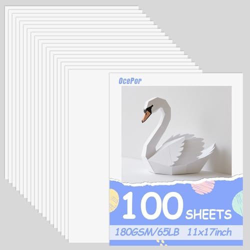 Amazon.com: OcePor 100 Sheets White Cardstock 11” x 17”, 65lb/180gsm ...