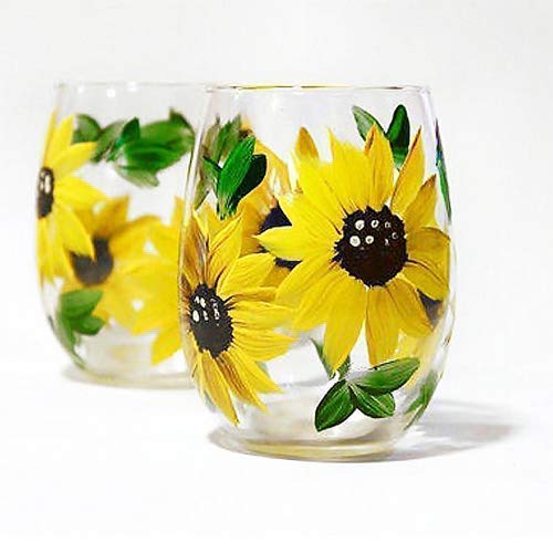 Amazon.com: Hand-Painted Sunflower Stemless Wine Glasses – Set of 2 ...