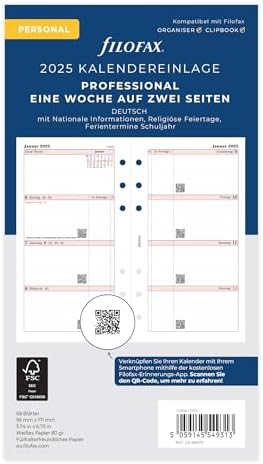 Filofax Personal Professional 1 Woche auf 2 Seiten (deutsch)2025 ...