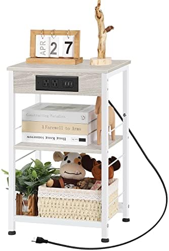 Amazon.com: Mid Century Modern End Table with Charging Station, White ...