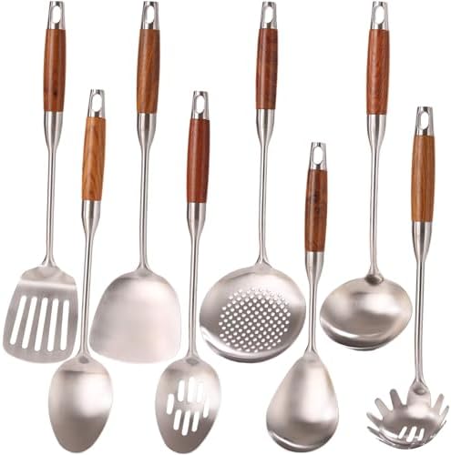 18/10 Stainless Steel Kitchen Utensils Set with Wood Handle - 15”Metal ...