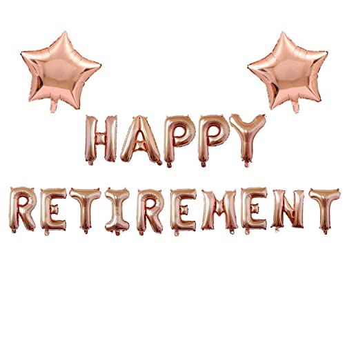 Happy Retirement Letter Balloons Banner with 2 Rose Gold Star Balloons ...
