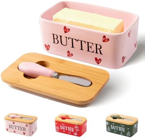 Amazon.com | YumiPLUS Pink Ceramic Butter Dish with Bamboo Lid and ...