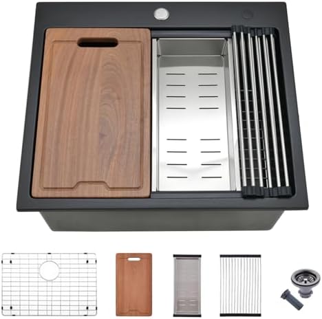 25 Inch Black Drop In kitchen sink Workstation - VOKIM 25"x23" Black ...