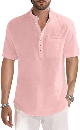 JMIERR Men's Casual Cotton Linen Henley Shirts Summer Short Sleeve Button Down Hippie Beach ...