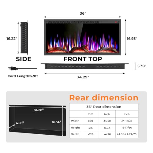 R.W.FLAME 36" Recessed and Wall Mounted Smart Electric Fireplace, Alexa ...