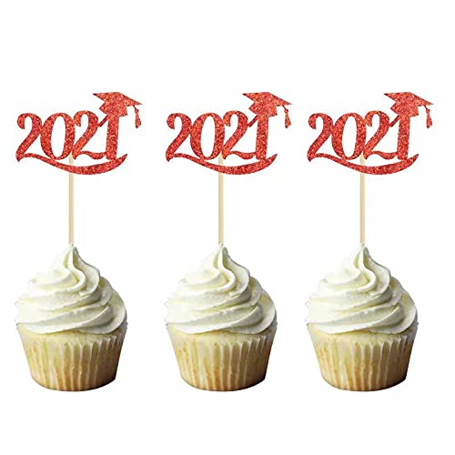 36 Pack Red Glitter Graduation 2021 Cupcake Toppers Class 2021 ...