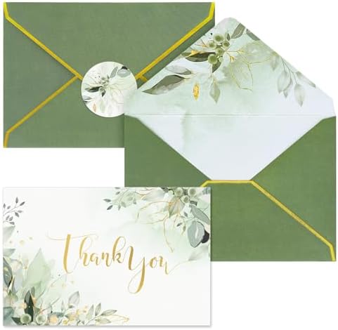 Amazon.com : Whaline 24Pcs Sage Green Thank You Greeting Cards Gold ...