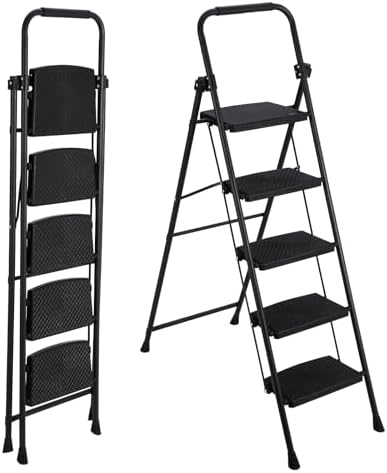 Steel Folding Step Ladder - 5 Step Ladder, Durable Steel Construction ...