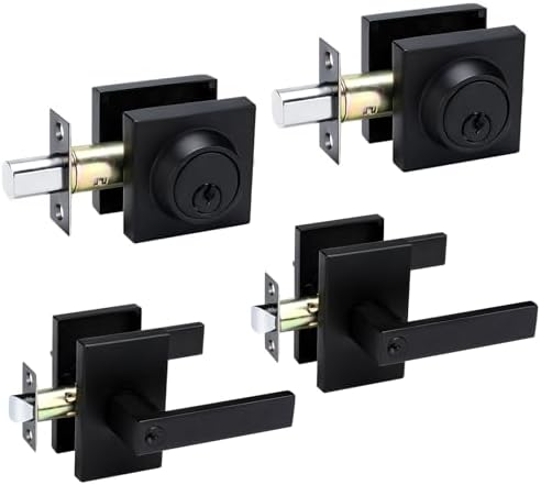 goldenwarm 2 Pack Black Door Handle with Deadbolt, Square Contemporary ...