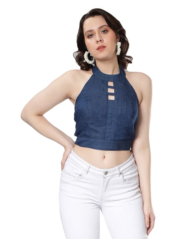 NUEVOSDAMAS Women Denim Halter Neck Crop Top Blue : Amazon.in: Clothing ...