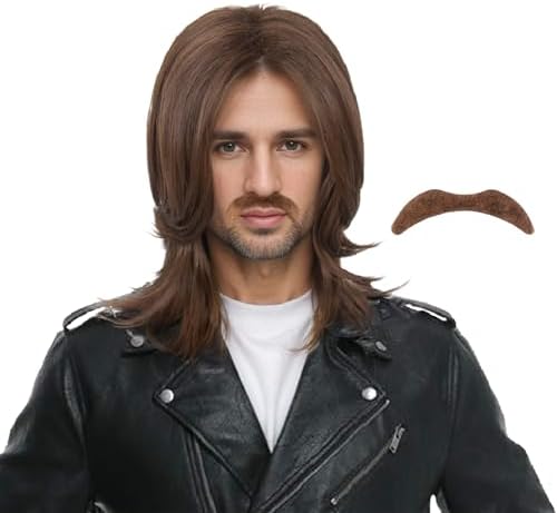 Amazon.com: Miss U Hair 60s Men Rocker Wig with Mustache Medium Length ...