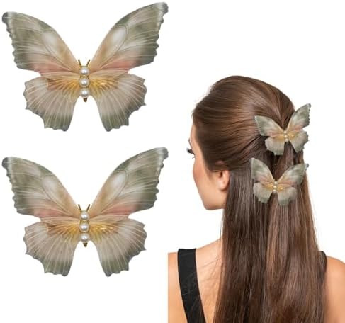 Amazon.com : Jumwrit 2pcs Boho Big Pearl Green Butterfly Hair Barrette ...