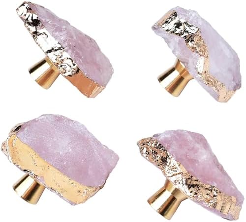 FZBHRO Rose Quartz Cabinet Knobs Pink Stone Drawer Knobs Handles Decorative Gold Plated Gemstone ...