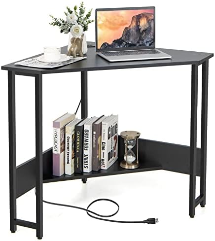 Tangkula Corner Desk with Power Outlet & USB Ports, Triangle Computer ...