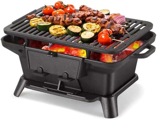 Hibachi Grill Outdoor, Portable Mini Charcoal Grill, 100% Pre-Seasoned Cast Iron, Small Japanese ...