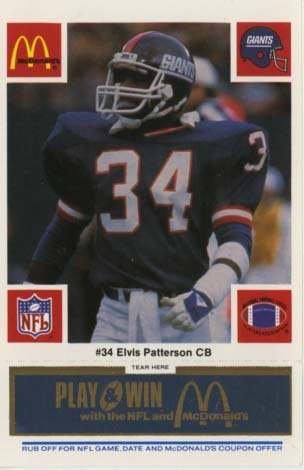 Elvis Patterson "New York Giants" McDonald's NFL Play & Win 1986 ...
