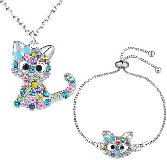 Amazon.com: Lovely Rainbow Rhinestone Cat Jewelry Set For Girls Pendant ...