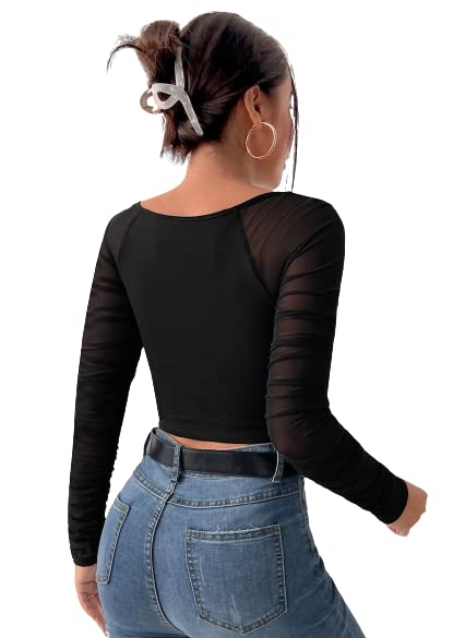 MIRABI Women Square Neck Ruched Mesh Slim Fit Top (Small) Black ...